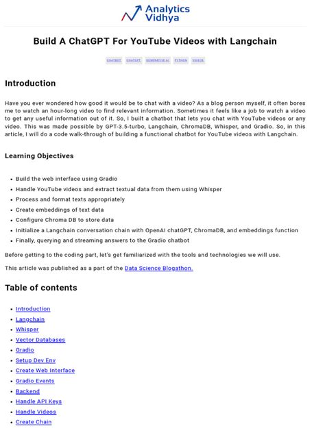 Build A Chatgpt For Youtube Videos With Langchain Pdf Web Application Databases