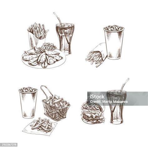 햄버거 감자 감자 튀김 음료 세트 길거리 음식 테이크아웃 음식 패스트푸드 정크 푸드 및 음료의 손으로 그린 스케치 Retro Vector Illustrations