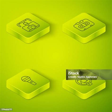 아이소메트릭 라인 레트로 오디오 카세트 테이프 마이크 카메라 셔터 및 짐벌 스태빌라이저를 카메라 아이콘으로 설정합니다 벡터 3차원 형태에 대한 스톡 벡터 아트 및 기타