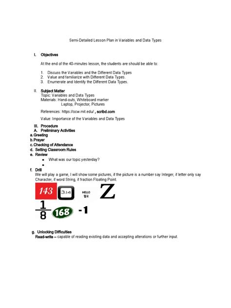 Lesson Plan For Demo Variables And Data Types Pdf Data Type Variable Computer Science