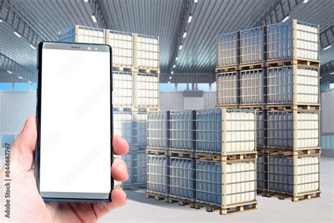 Phone Inside Warehouse Mock Up Smartphone Warehouse With Liquid Storage Tanks Phone With