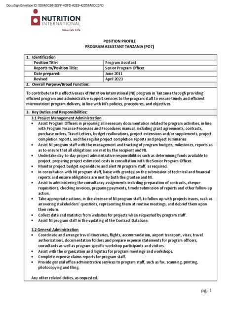 Program Assistant Job Description 1 Pdf