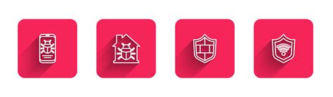 Set Line System Bug On Mobile House System Shield With Brick Wall And Wifi Wireless With Long