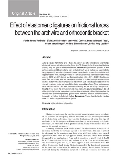 Pdf Effect Of Elastomeric Ligatures On Frictional Forces Between The Archwire And Orthodontic