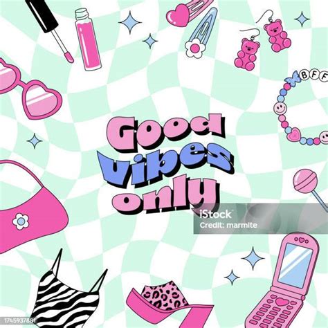 배너 카드 전단지 소셜 미디어 월페이퍼 등을 위한 Y2k 또는 90년대 스타일의 귀여운 옷과 액세서리 세트가 있는 벡터 배경 0