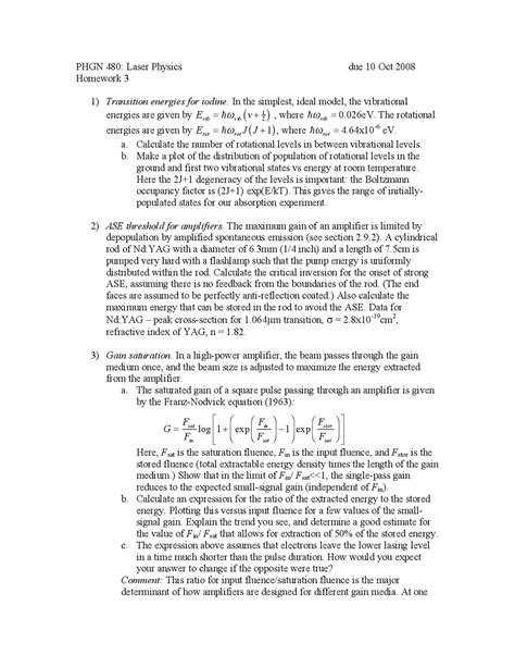 Laser Physics Assignment 3 Solutions Phgn 480 Docsity