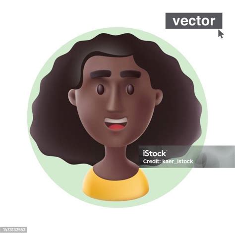 원형 프레임 아바타에 볼륨 헤어스타일을 가진 젊은 미소 아프리카계 미국인 여성 3차원 형태에 대한 스톡 벡터 아트 및 기타