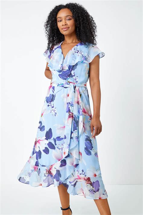 Petite Floral Frill Hem Chiffon Dress In Blue Petite Uk