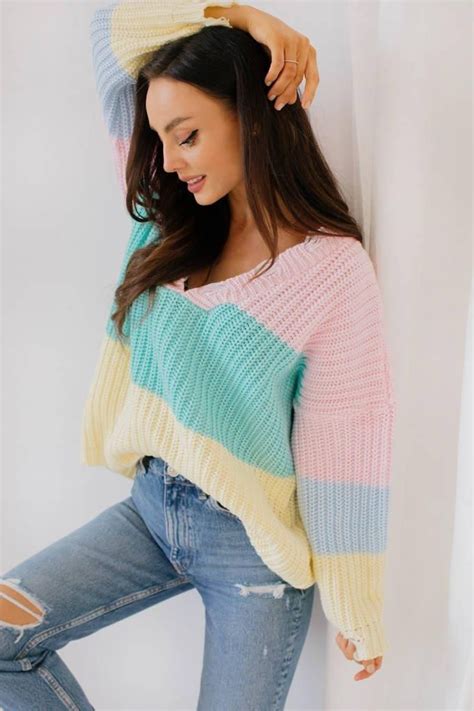 Oversizowy Sweter W Paski W Pastelowych Kolorach Pudrowy Róż Mięta Ceny I Opinie Ceneopl