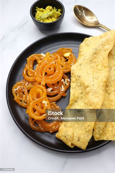 Popular Indian Sweet Jalebi And Fafda Served With Sambhara Gujarati Snack Is Mostly Eaten During