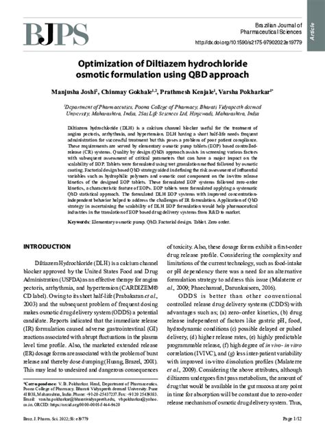Pdf Optimization Of Diltiazem Hydrochloride Osmotic Formulation Using Qbd Approach