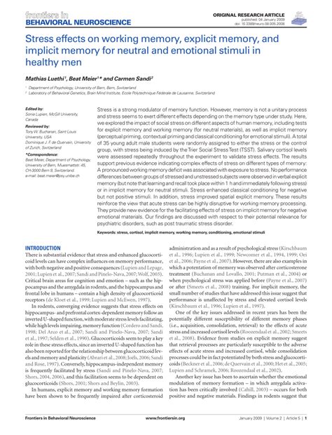 Pdf Stress Effects On Working Memory Explicit Memory And Implicit Memory For Neutral And