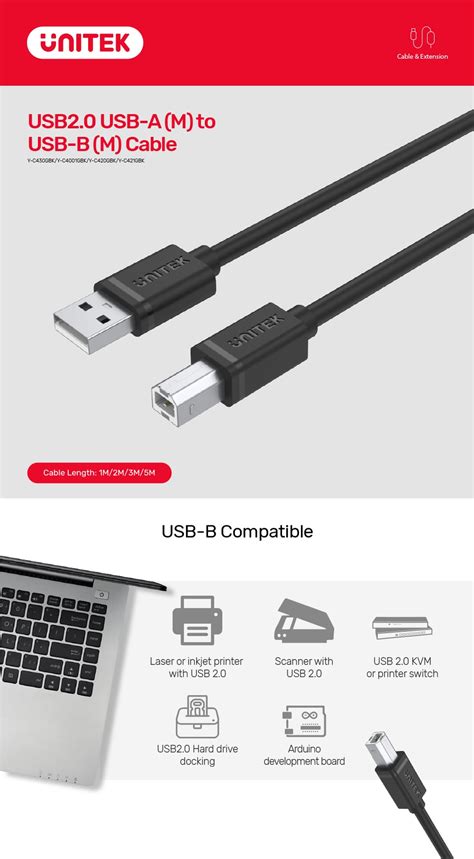 Unitek Usb A To Usb B Charging Cable Male To Male Usb2 0 Data Transfer Speed Up To 480mbps For