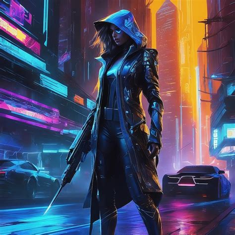 Em Uma Paisagem Urbana Cyberpunk Encharcada De Néon Imagine Uma Mulher