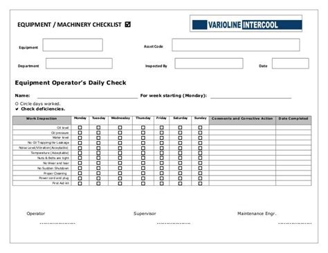 Equipment Operators Daily Checklist