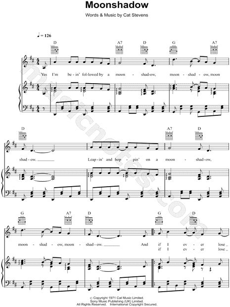 Cat Stevens Moonshadow Sheet Music In D Major Transposable