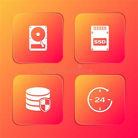 Set Hard Disk Drive Hdd Ssd Card Database Protection And Clock 24 Hours Icon Vector Stock