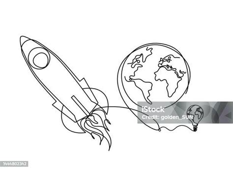 흰색 배경에 연속 선 그리기로 지구본 전구가 있는 추상 컬러 로켓 0명에 대한 스톡 벡터 아트 및 기타 이미지 0명 개념