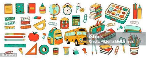 학교 문구 용품의 큰 세트 낙서 복고풍 스타일의 학교 교육 만화 컬렉션으로 돌아 가기 대담하고 밝은 가방 버스 책 지구본 흰색 배경에 고립된 벡터 그림입니다 눈금자에 대한