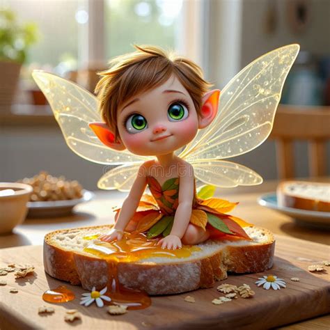 Green Eyed Fairy With Luminous Wings Sitting On A Slice Of Bread With