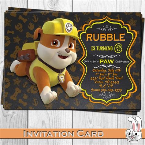 Paw Patrol Rubble Invitation Card Chalkboard Design Style