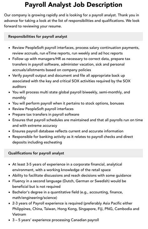 Payroll Analyst Job Description Velvet Jobs