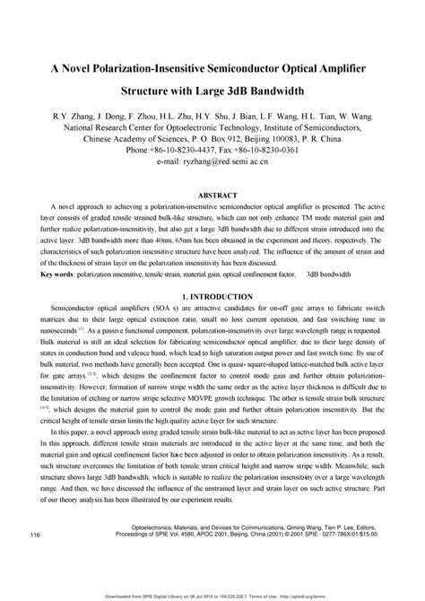Pdf Novel Polarization Insensitive Semiconductor Optical Amplifier Structure With Large 3db