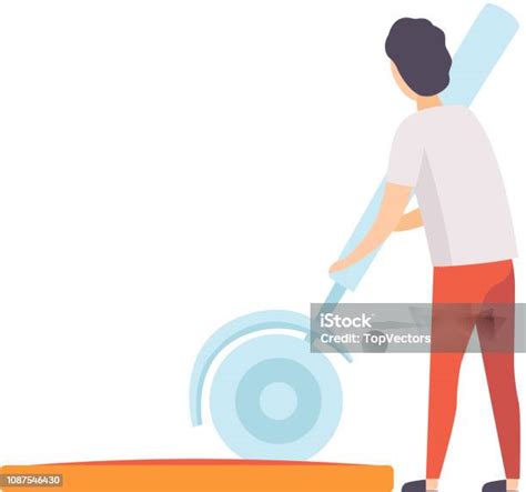 젊은이 익명 남자 캐주얼 옷 흰색 배경에 부엌 도구 벡터 일러스트 레이 션을 들고 거 대 한 칼으로 절단 피자 가사 집안일에 대한 스톡 벡터 아트 및 기타 이미지 Istock