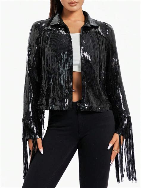 Womens Sequin Jacket Coat Sparkly Long Sleeve Tassel Blazer Fringe Party Club New Years Eve