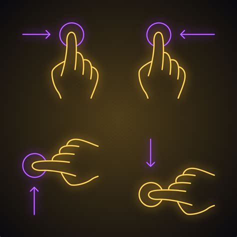 Touchscreen Gestures Neon Light Icons Set Horizontal Scroll Left Horizontal Scroll Right
