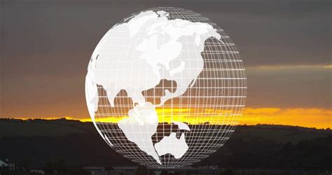 Rotating Globe Animation Over Sunset Landscape With Hills And Trees