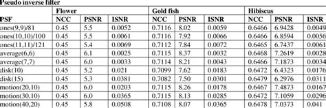 results of various degradation models with pseudo inverse filter