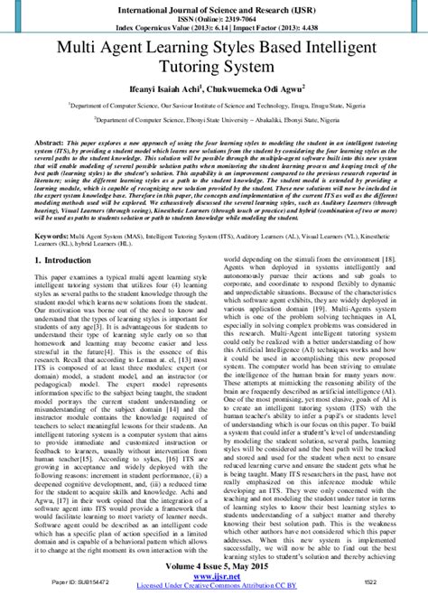 Pdf Multi Agent Learning Styles Based Intelligent Tutoring System