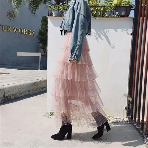2021 여름 여성의 달콤한 얇은 명주 그물 치마 여성 요정 케이크 계층화 된 치마 높은 허리 프릴 메쉬 스커트 여성을위한스커트 Aliexpress