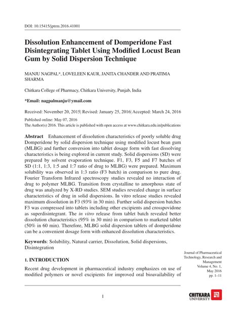 Pdf Dissolution Enhancement Of Domperidone Fast Disintegrating Tablet Using Modified Locust