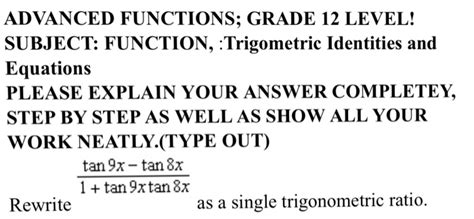 Solved Advanced Functions Grade 12 Level Subject
