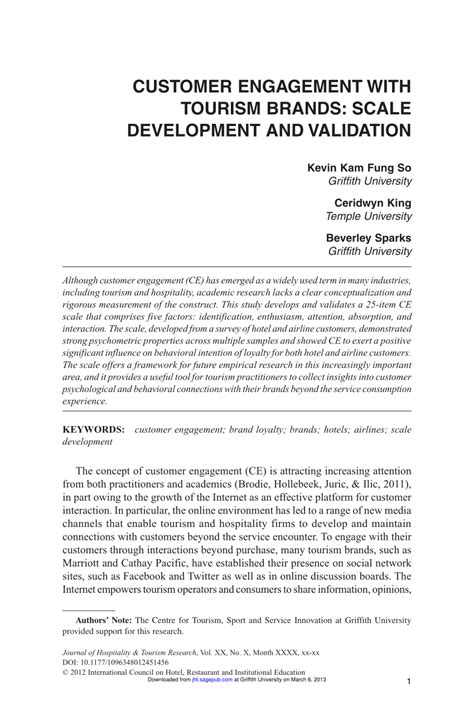 Pdf Customer Engagement With Tourism Brands Scale Development And Validation