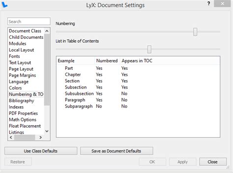 table of contents section numbering does not comply i am using lyx