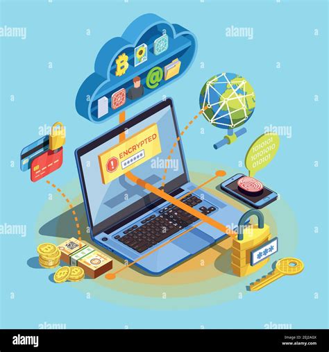 Data Encryption Cyber Security Isometric Composition With Network Nodes Cloud Storage And