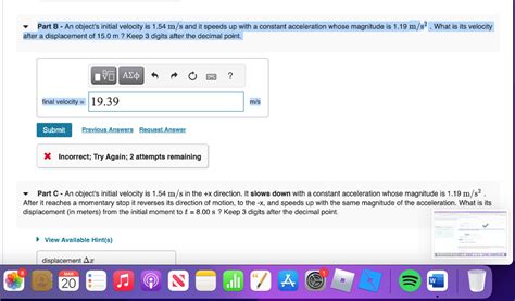 solved part b an object s initial velocity is 1 54 m s