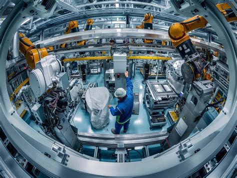 High Tech Industrial Automation With Robots And Engineer Stock Image