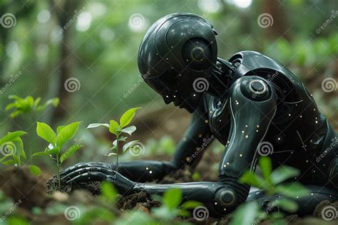 Ai Generated Illustration Of A Robot Crouching Near Plants On The