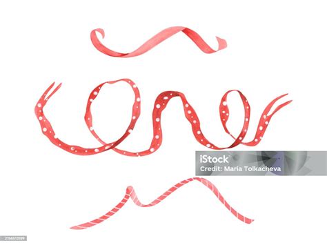 리본을 소용돌이칩니다 흰색 점과 스트립이 있는 빨간 리본 흰색에 고립된 수채화 그림입니다 선물 꽃다발 카드 축하를 장식하기위한 섬유 요소 생일 크리스마스 파티 생일 고풍