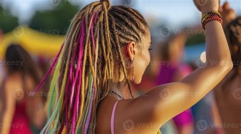 A Woman With Colorful Dreadlocks At A Music Festival 57280253 Stock