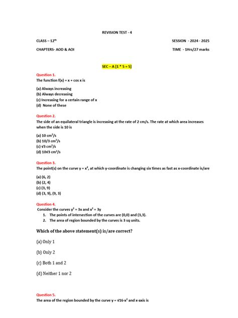 Revision Test Class 12 Aod And Aoi In Pdf Pdf Area Mathematical