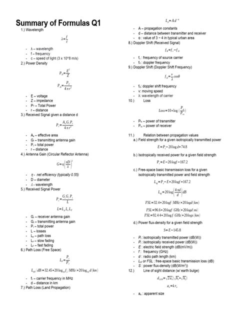 Summary Of Formulas Q1 Pdf