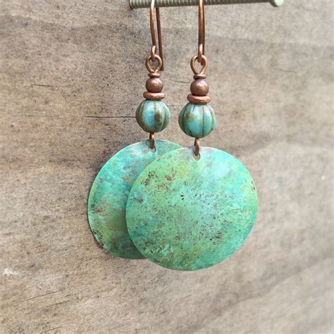 Patina Copper Earrings Hammered Copper Earrings Blue Green Patina