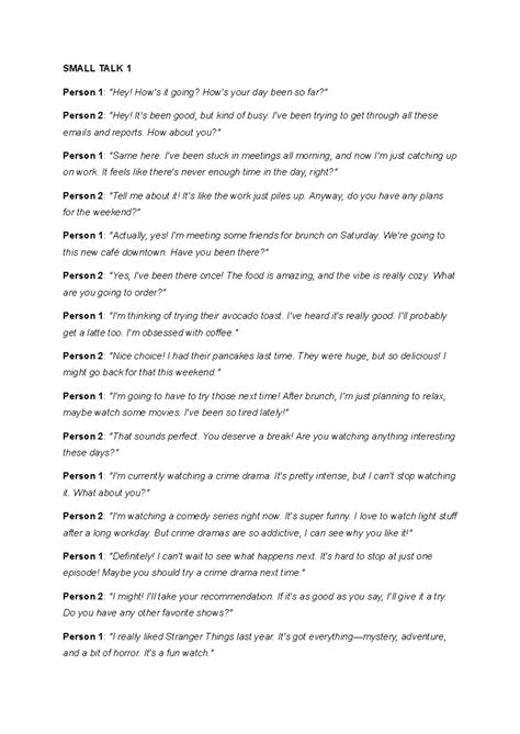 Script Small Talk Small Talk 1 Person 1 Hey Hows It Going Hows