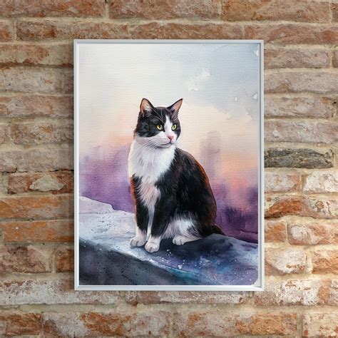 Cat Watercolor Painting Tuxedo Cat Pet Portrait Cat Wall Art