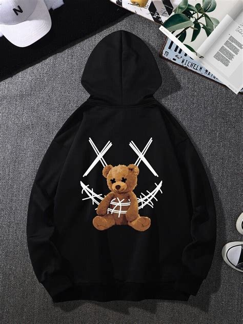 Men Bear Print Kangaroo Pocket Drawstring Hoodie Hoodies Men